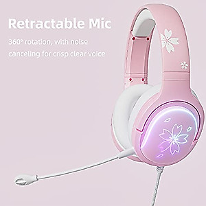 Mytrix Sakura Pink Cherry Blossoms Gaming Headset, 360° Rotation Mic, Soft Earmuff Headphone for PS4, PS5, Xbox, PC & MAC, Switch, RGB Gradient Light Effect (Renewed)