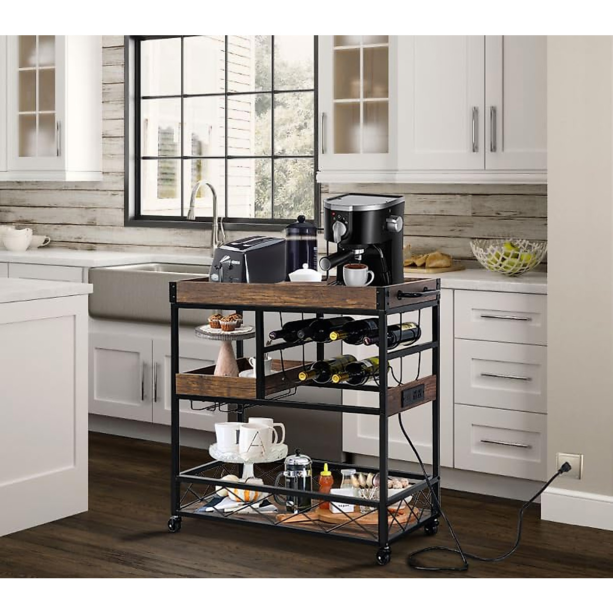 Ohsuaniy Bar Cart with Power Outlet, Industrial Kitchen Serving Cart with Wine Rack & Glass Holder, Coffee Bar Table Station with Storage, Rolling Cart on Wheels with 59IN Cord, Brown