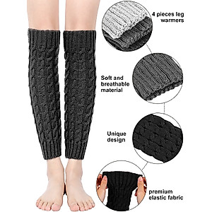 4 Pairs Leg Warmers for Women Girls Winter Long Leg Warmers Cable Knitted Crochet Boot Socks (White, Gray, Light Gray, Black)