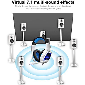 Anivia MH901 USB Gaming Headset for PC/MAC/PS4/PS5, 7.1 Surround Sound Wired Headphone with Adjustable Active Noise Cancelling Mic, White & Blue LED Light