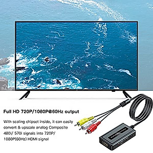 Male RCA to HDMI Converter with HDMI Cable for DVD/STB/VHS with Female RCA Output(RCA Cable Integrated), CVBS AV Composite to HDMI Converter Supports Full HD 720P/1080P Output Switch