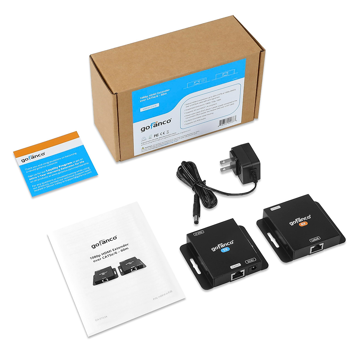 gofanco 1080p HDMI Extender Over CAT5e/6 Without Signal Loss – Up to 197ft (60m), 1080p 60Hz, 1080i, 720p, 3D, HDCP 1.4, Power-Over-Cable (PoC), LPCM 2.0 Audio, Surface Mountable (HDExt v3.0)