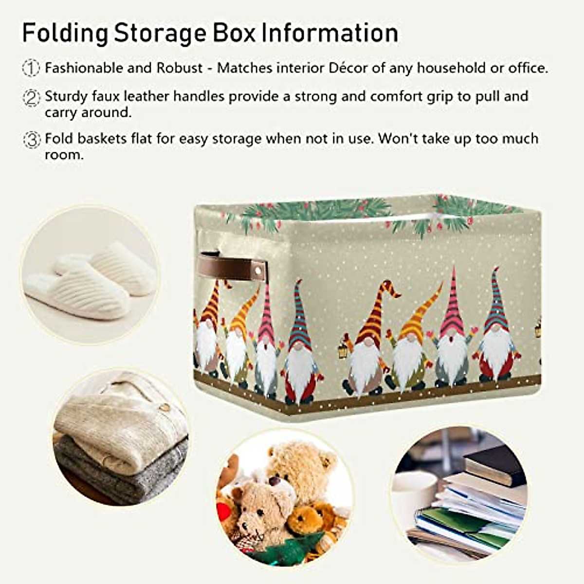 Bolaz Large Storage Basket Christmas Card with Gnomes Foldable Box Organizer Bins Handles for Bedroom Home Office Colorful 9