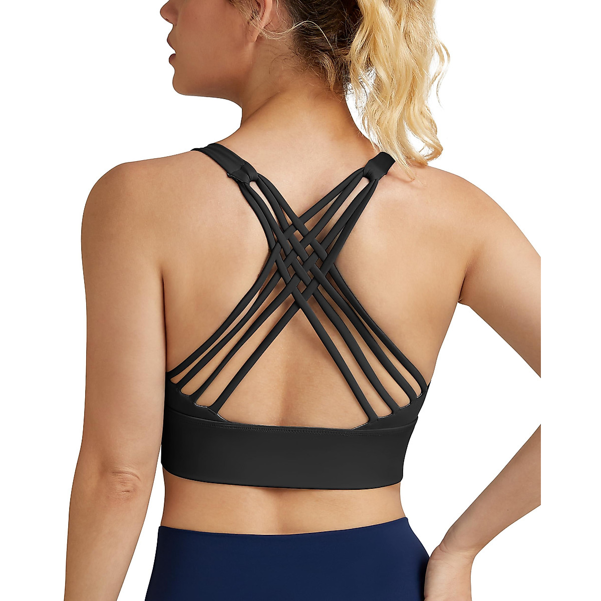 QUEENIEKE Strappy Longline Sports Bras for Women - Wirefree Spaghetti Criss Cross Workout Gym Yoga Free to Be Bra (Black, Medium)