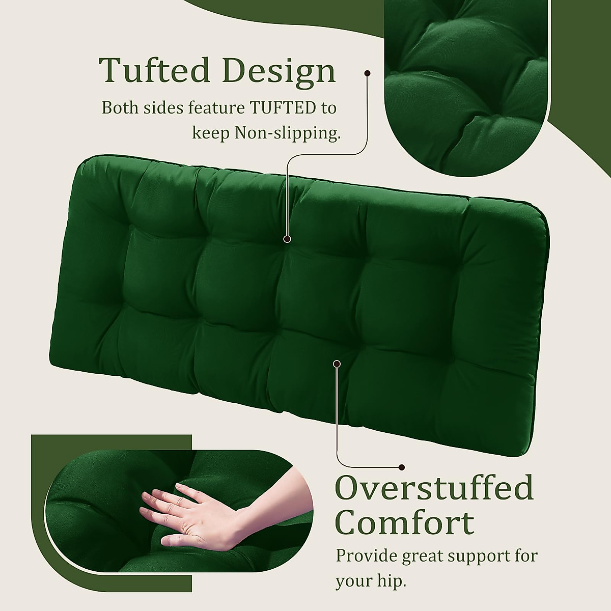 LOVTEX Tufted Bench Cushions for Outdoor Furniture Waterproof, 44 x 19 InchesPatio Swing Cushions Green - Overstuffed Indoor/Outdoor Loveseat Cushions with Round Corner