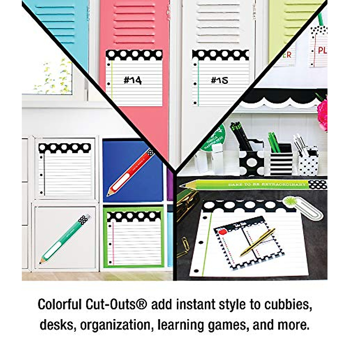 Schoolgirl Style Black, White & Stylish Brights 12 Piece Pencil and Paper Bulletin Board Cutouts, Pencil and Paper Bulletin Board Decorations and Classroom Décor