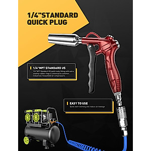 High Volume Air Blow Gun with Powerful Flow Nozzle, Retro Red Air Nozzle Blower Gun with 4.9" Stainless Steel Extension & 1/4'' Standard Quick Plug, Pneumatic Tool for Air Compressor Accessories