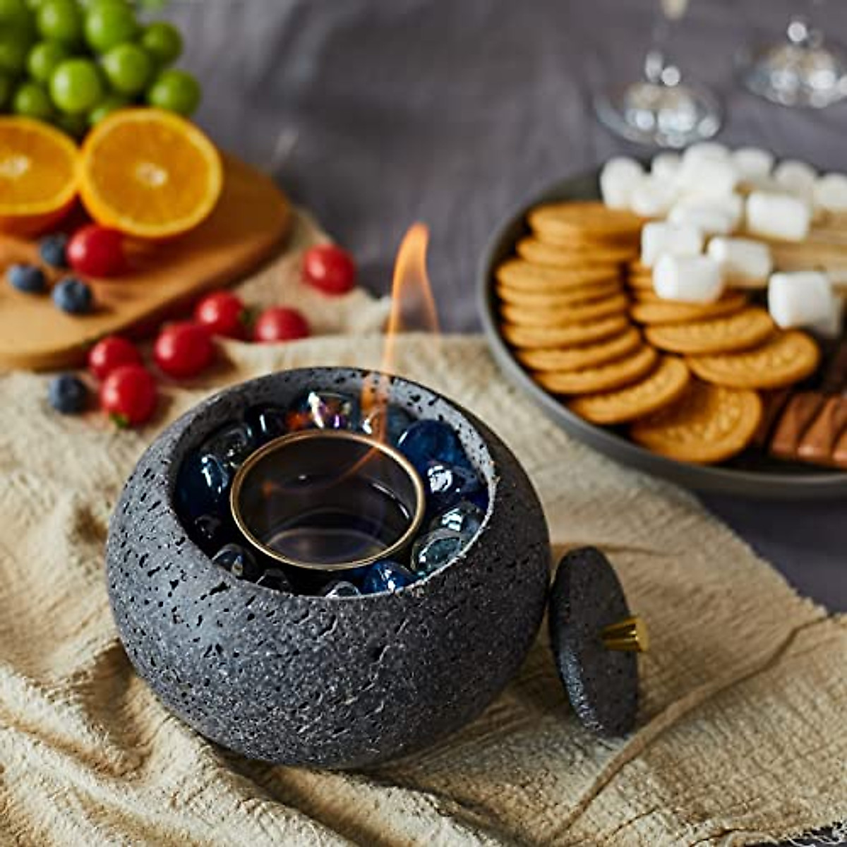 Chilli Cosmos Tabletop Fire Pit Bowl - Lava Stone Personal Mini Fire Pit Fireplace Indoor and Outdoor Use and Smores Maker (Sphere, Black)