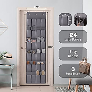 HAUSHOF Over the Door Shoe Organizer, 24 Large Pockets, Sturdy Oxford Fabric, For closet, bedroom, bathroom, storage room, men's sneakers, women's high heels, flip flops (Grey)