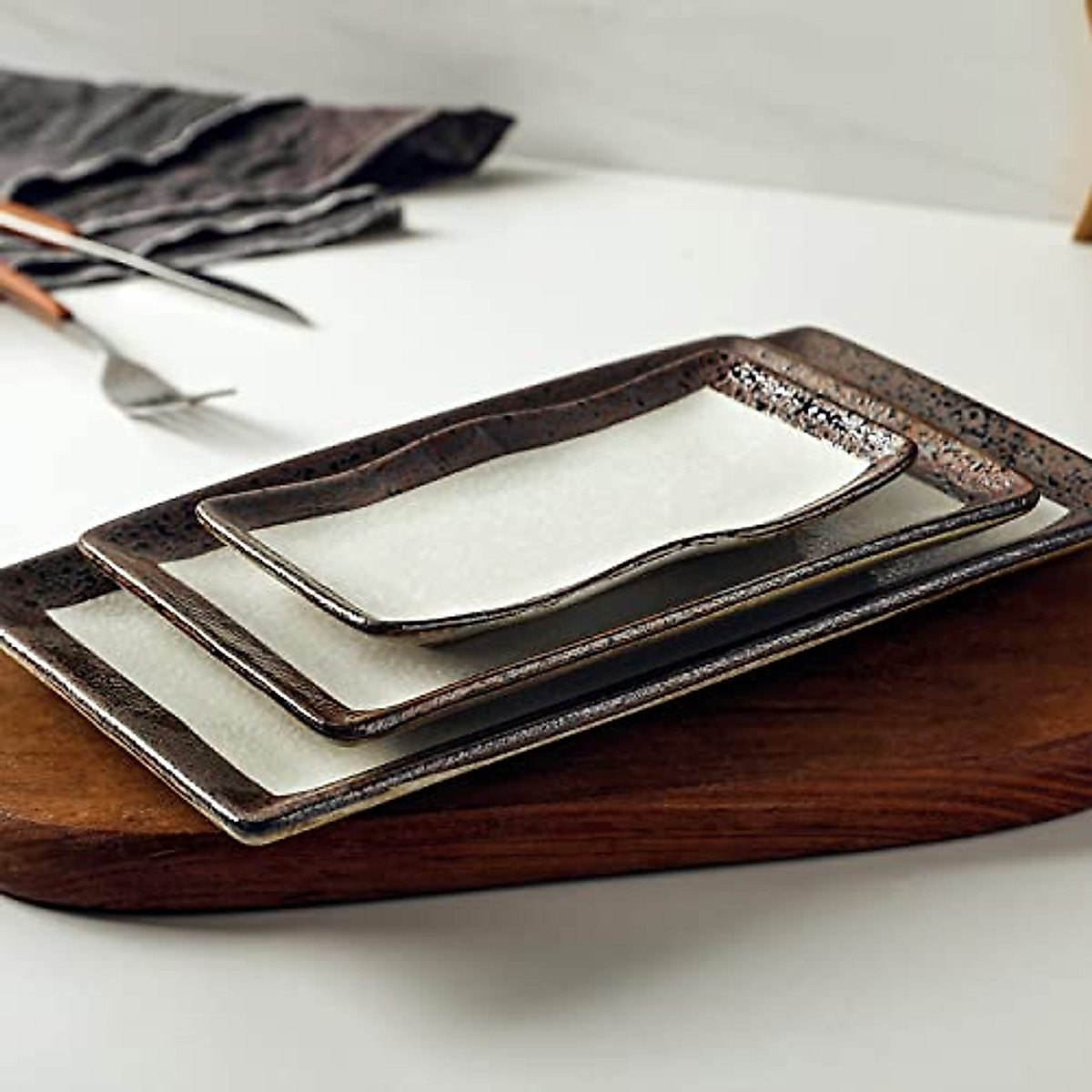 Stone Lain Lucy Porcelain 3-Piece Rectangle Serving Plate Set, Beige