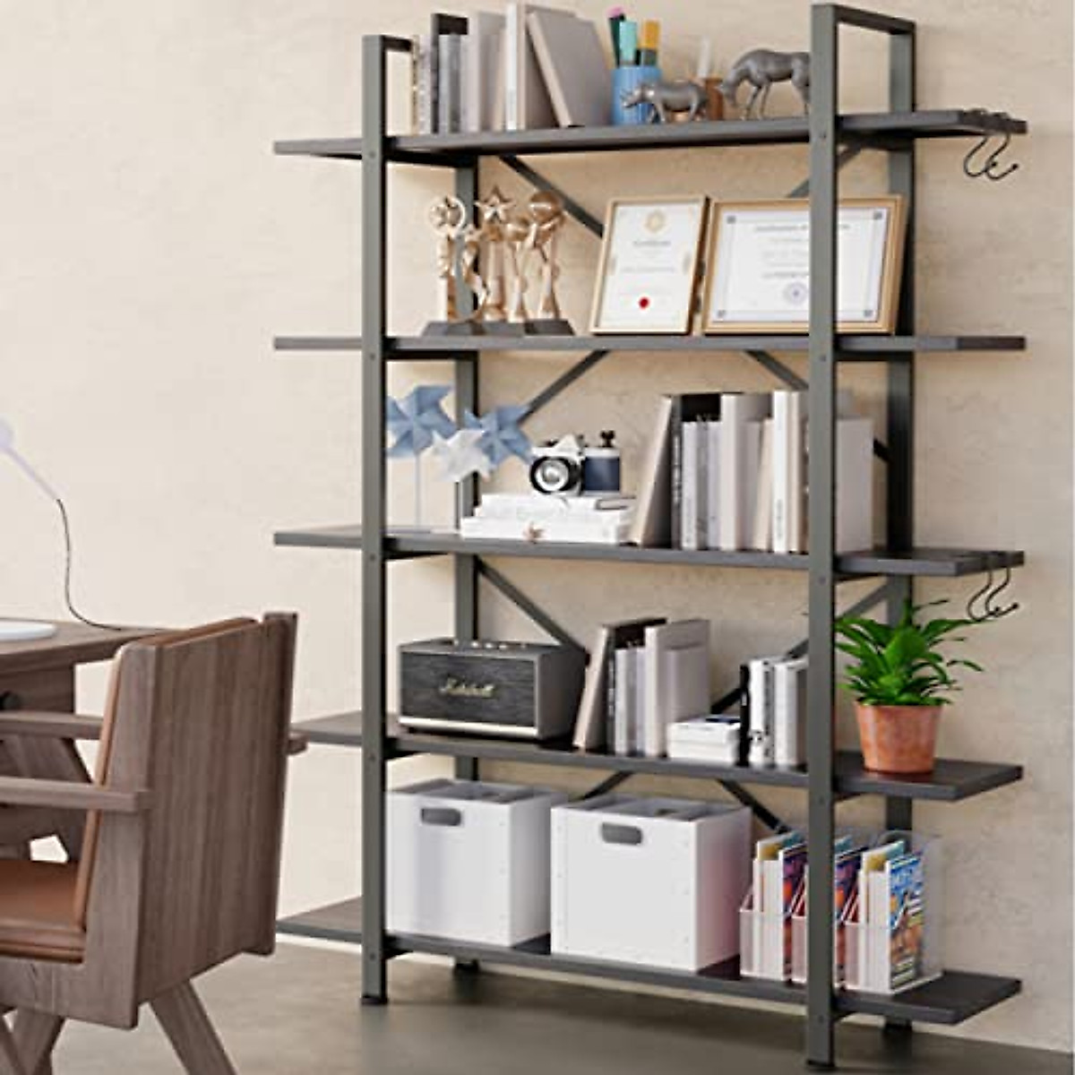 Gizoon 5 Tier Bookshelves for Storage, Industrial Tall Wood Bookshelf with 4 Hooks, Metal Frame Display Shelves for Bedroom, Living Room, Kitchen, Black