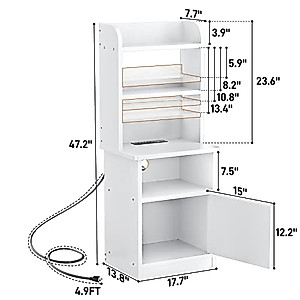 White Nightstand with Charging Station and USB Ports, 47" Tall Bedside Table with Adjustable Bookshelf, Industrial End Table Side Table with Storage Cabinet for Home Office, White
