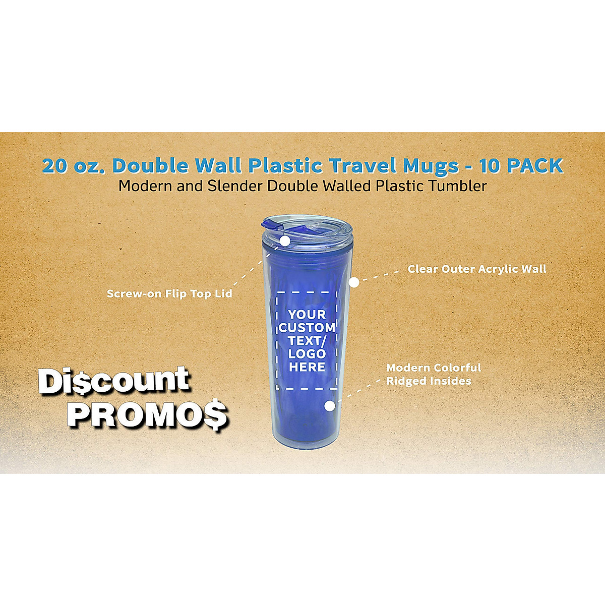 Personalized 20 oz. Double Wall Plastic Travel Mugs - 10 Pack - Custom Text, Logo - Blue