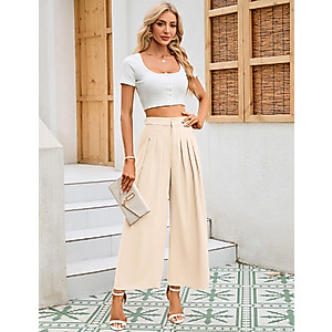 KOJOOIN Women High Waisted Wide Leg Palazzo Pants, Flowy Pants for Women Loose Fit Elastic Waist Pleated Trousers Comfy Elegant Business Casual Straight Leg Dress Pants Beige XL