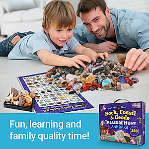 DANCING BEAR Rock, Mineral & Geodes Treasure Hunt Activity Kit (250 Pc Set) Real Shark Teeth Fossils, ID Sheet & Rock Book, STEM