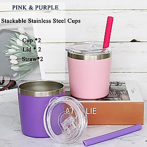 Colorful PoPo Cute Stainless Steel kids Cup with Lids, Silicone Straw Cup for Toddlers, Mini Insulated Stackable Tumblers for Smoothie Milk, Set of 2 (Pink Purple, 8 OZ)