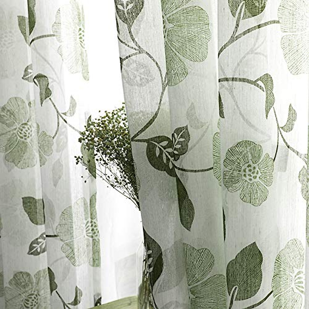 MRTREES Sheer Printed Valance Curtains for Kitchen Windows, Small Modern Rod Pocket Voile Valance Window Treatment for Bathroom Basement(1 Pack, 54" W x 16" L, White with Olive Green Floral Pattern)