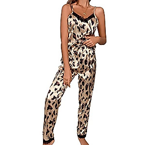 SweatyRocks Women's Print Lace V-neck Stain Silky Fit Halter Tops & Pants Pajama Set Comfy Nightgown Sleepwear　 Multicoloured S