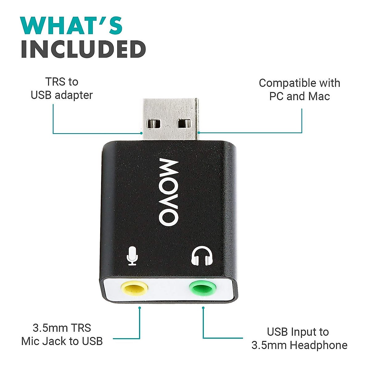 Movo USB-AC 3.5mm TRS Microphone to USB 2.0 Stereo Audio External Sound Card Adapter for PC and Mac. USB Sound Card Adapter for Computer or Laptop Convert USB Input to 3.5mm TRS Headphone or Mic Jack