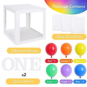 RUBFAC One Boxes for 1st Birthday, First Birthday Decorations for Boy Girls, 3pcs Baby Shower Boxes with 24pcs Balloons ‘ONE’ ‘TWO’ Letters for Birthday Backdrop, Cake Smash Photo Props