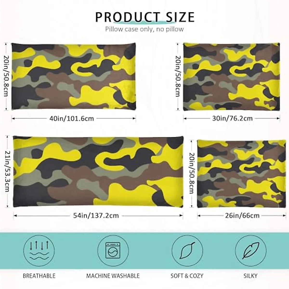 Yellow Camo Pillowcase for Hair and Skin Body Pillow Cover Body Pillow Cases King Size 20"X 40" Body Pillow Pillowcase with Zipper for Sleeping