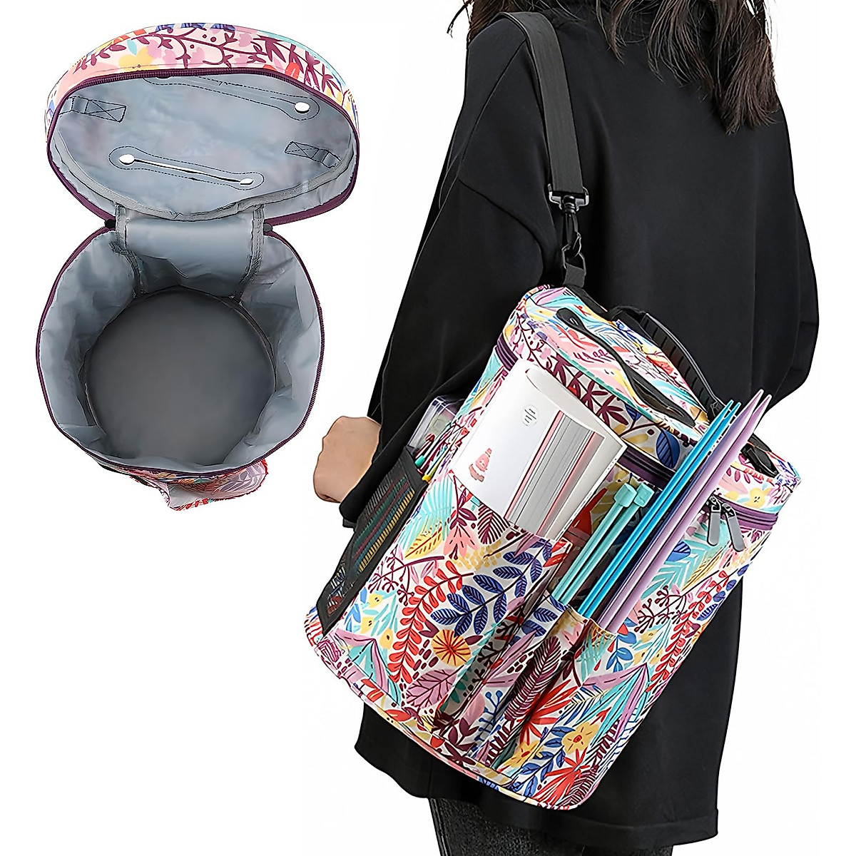 Yarn Bag with Customized Front Compartment for Knitting Accessories, Large Crochet Tote Yarn Organizer Yarn Bowl with Zipper Closure and Shoulder Strap for Crocheting(as Shown,Size:11.02x12.99inch)