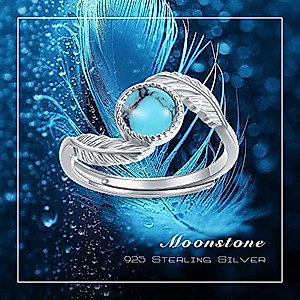 MEDWISE Feather Rings Turquoise Rings 925 Sterling Silver Adjustable Statement Leaf Rings Finger Thumb Rings for Women Birthday Christmas Mothers Day