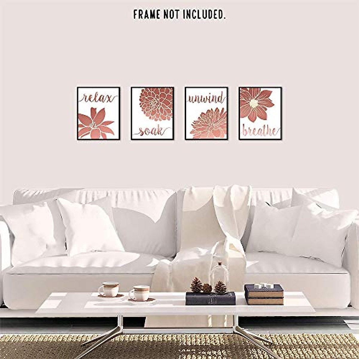 Relax Soak Unwind Breathe Rose Gold White Tone Flower Prints, 4 (8x10) Unframed Photos, Wall Art Decor Gifts Under 20 for Home Office Yoga Studio School College Student Teacher Garden Floral Fan