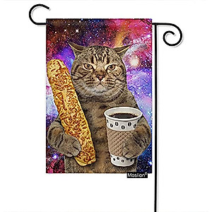 Moslion Funny Cat Garden Flag Vertical Double Sided Kitten with Bread Coffee on Starry Sky Cute Animal House Flags Home Burlap Banners 12.5x18 Inch for Outdoor Decor Lawn