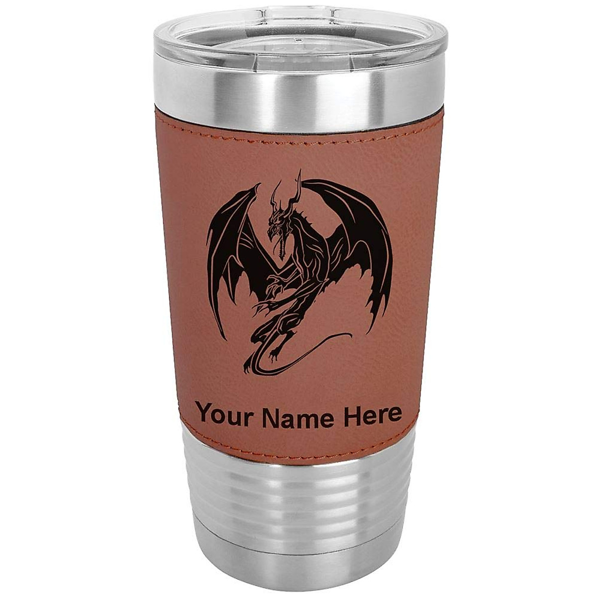LaserGram 20oz Vacuum Insulated Tumbler Mug, Dragon, Personalized Engraving Included (Faux Leather, Dark Brown)
