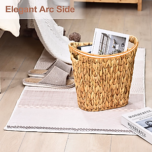 FairyHaus Wicker Trash Can with Handles, Natural Water Hyacinth Wicker Waste Basket, Handwoven Wicker Trash Basket for Bathroom Bedrooms, 13" L x 7.5" W x 12.2" H