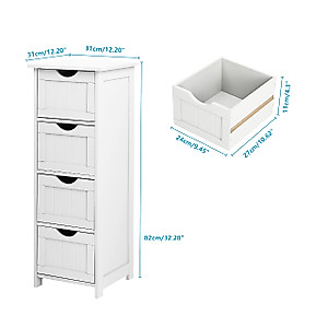 VINGLI White Bathroom Storage Cabinet with 4 Drawers Wooden Freestanding Slim Bathroom Floor Cabinet Small Side Organizer Storage Unit for Bathroom Livng Room Kitchen Office Hallway Entryway