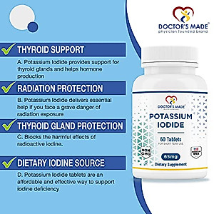 Doctor’s Made Potassium Iodide 65 mg. 60 Tablets. Thyroid Support, Kosher, Exp Date 04/2025, 60 Count (Pack of 1), Pack of 1