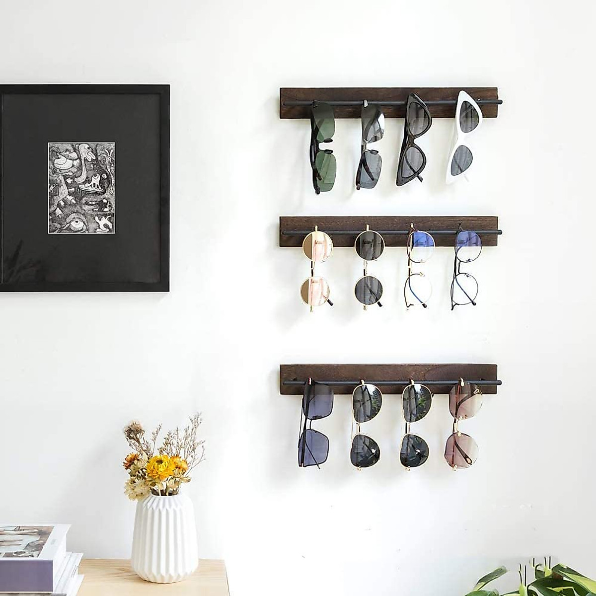 TANG SONG 3 PCS Rustic Wall Mounted Wood Sunglasses Storage Organizer Eyeglasses Holder Eyewear Display Rack for Office Desk Home Decor Gifts (Dark Brown)