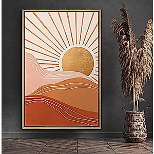 SIGNFORD Framed Canvas Print Wall Art Shining Sun Over The Orange & Red Hills Abstract Wilderness Digital Art Modern Art Rustic Scenic Multicolor for Living Room, Bedroom, Office - 24"x36" Natural