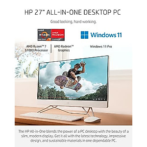 HP 27” All-in-One Desktop PC, AMD Ryzen 7 5700U, 12 GB RAM, 256 GB SSD & 1 TB Hard Drive, Full HD IPS Display, Windows 11 Pro, 720p Privacy Webcam, Dual Mics, Keyboard and Mouse (27-CB0052, 2022)