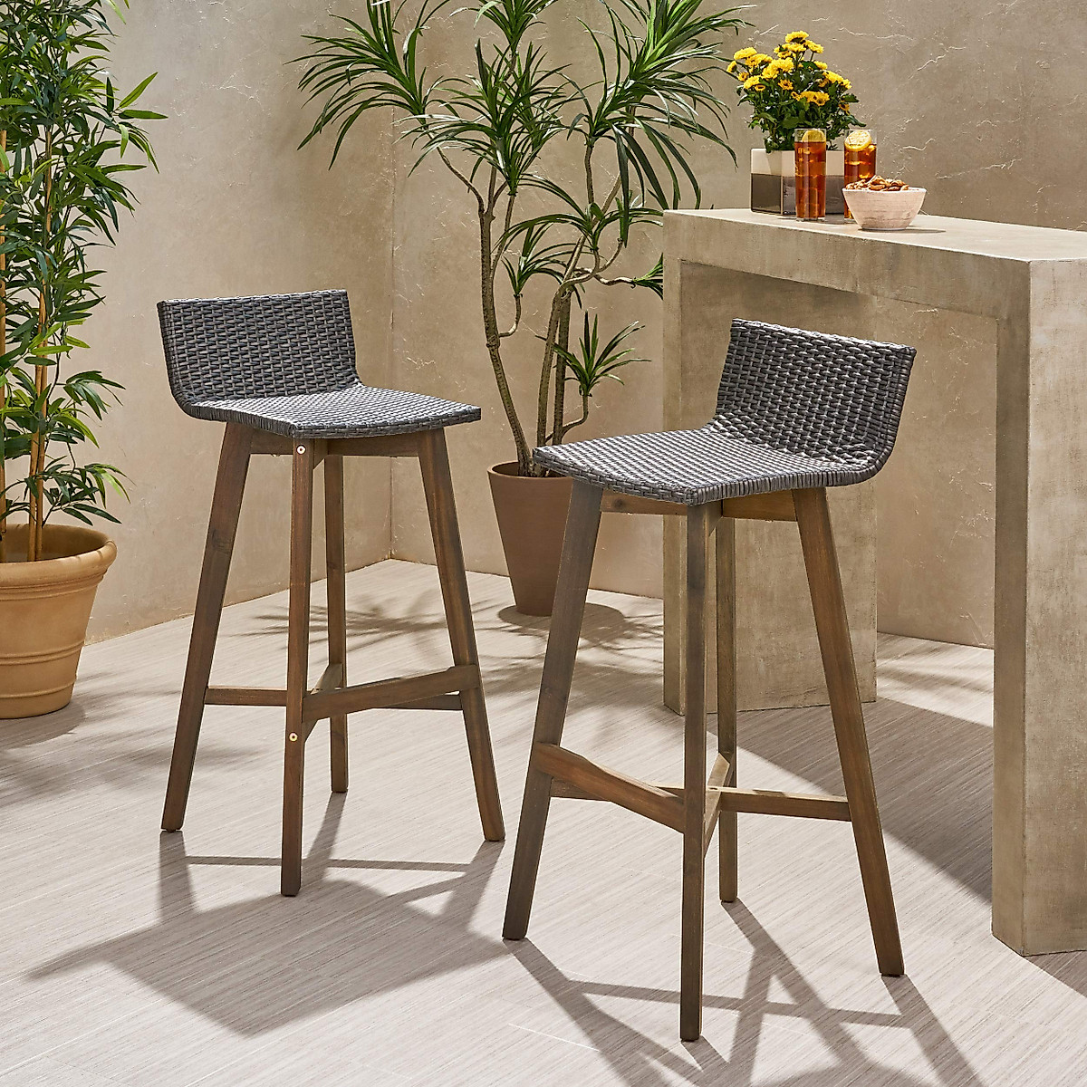 GDFStudio Outdoor Acacia Wood & Wicker Barstools (Set of 2), Gray
