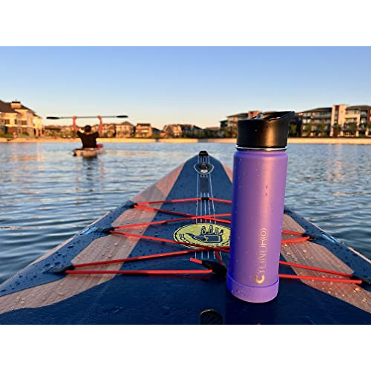 Cylindro Water Bottle, Triple-Layer Stainless Steel - 3 Lids, Vacuum Double Walled Copper Lined, BPA Free, w/ Silicone Boot, Hot & Cold - 22 Oz Veri Peri Purple