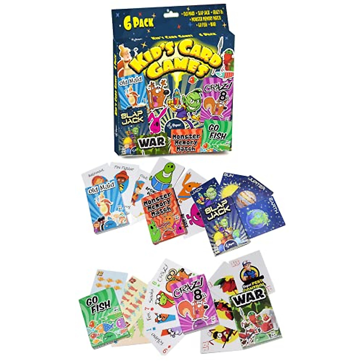 Regal Games - Kids Classic Card Games - Includes Old Maid, Go Fish, Slapjack, Crazy 8's, War, and Silly Monster Memory Match- for Family Game Nights, Parties - Set of 6 Games