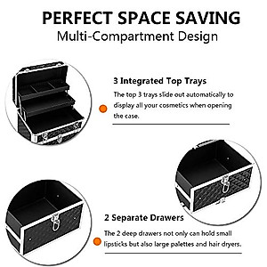 mefeir Aluminum Rolling Makeup Train Case, Portable Makeup Organizer Suitcase, Cosmetic Storage Box, Travel Beauty Luggage Trolley Lockable w/4 Removable Wheels & 2 Sliding Drawers (Black)