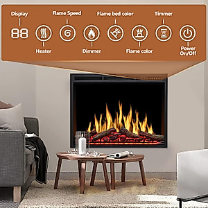 Havato 34 inch Electric Fireplace Inserts, Recessed Electric Stove Heater with Adjuatble Flame Colors, Log Colors, Flame Speed and Brightness, Remote Control & Time,750W/1500W