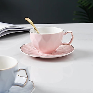 fanquare 3 Piece Porcelain Cup and Saucer Set with Spoon, Vintage Pink Coffee Cup for Latte, Mocha, 7 Ounce