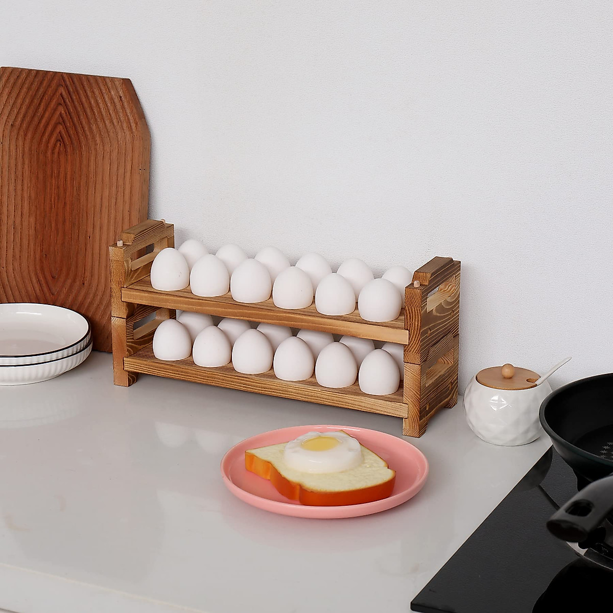 KingLin Wooden Egg Holder Countertop, Egg Storage Trays Stackable for 24 Fresh Eggs, Deviled Egg Organizer Rustic Kitchen Decoration, Egg Container Rack, set of 2 pieces