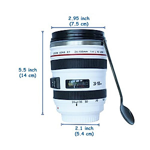 PhantAccy Camera Lens Coffee Mug / Cup Non-BPA Food Grade SUS-304 Stainless Steel Leakproof Travel Mug Tea Water Bottle with Lid and Spoon, 12 Ounce (White)