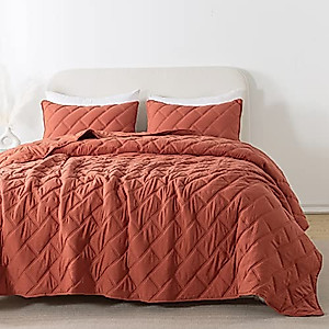 Burnt Orange Quilt Queen Size Bedding Sets with Pillow Shams, Red Lightweight Soft Bedspread Coverlet, Quilted Thin Blanket Comforter Bed Cover for All Season Spring Summer, 3 Pieces, 90x90 inches