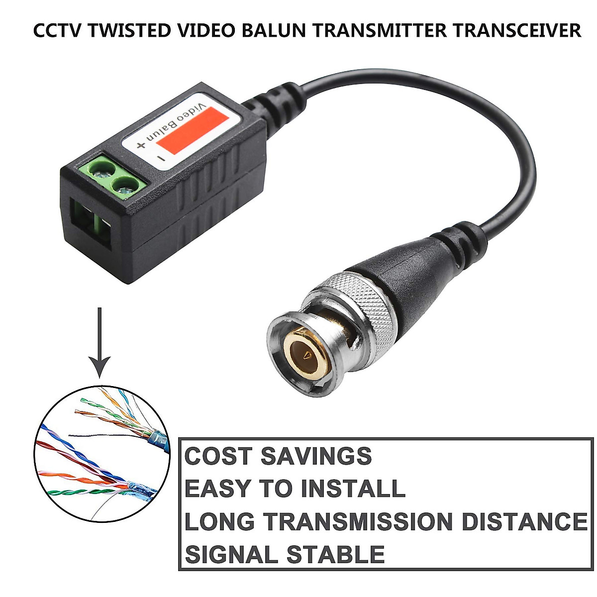 Passive Video Balun Connector 20 Pairs Cat5 HD Mini CCTV BNC Video Balun Transceiver Cable with Lighting Protection and Coax BNC Connector to RJ45 Terminal for CCTV Surveillance Camera Systems