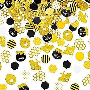 540 Pieces Bee Confetti Gold Glitter Bee Dot Stripes Confetti Yellow Black Circle Confetti Honeycomb Hexagon Confetti for Bee Themed Baby Shower Birthday Table Decoration
