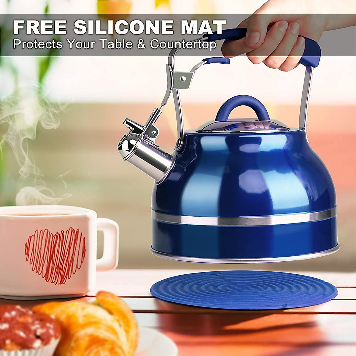 Secura Whistling Tea Kettle, 2.3 Qt Hot Water Kettle, Stainless Steel Tea Pot for Stovetops, Blue Teakettle, Tea Infuser with Silicone Handle, Silicone Trivets Mat