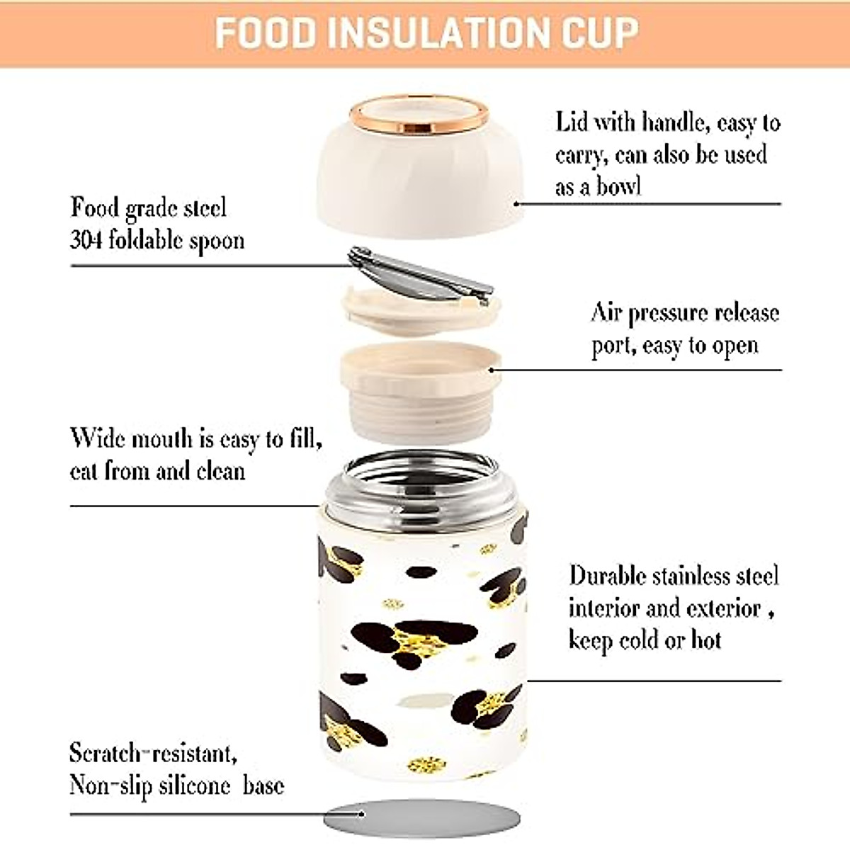 CUPADA Shining Leopard Food Jar for Hot and Cold, Bling Pattern Insulated Food Jars Vacuum 17OZ with Folding Spoon for Work Trip Picnic Camping