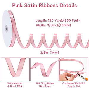 120 Yards Pink Ribbon 3/8 Inch Thin Pink Satin Ribbon Craft Fabric Ribbon for Hair Bow Making Gift Wrapping Floral Bouquet Wedding Party Christmas Decorations